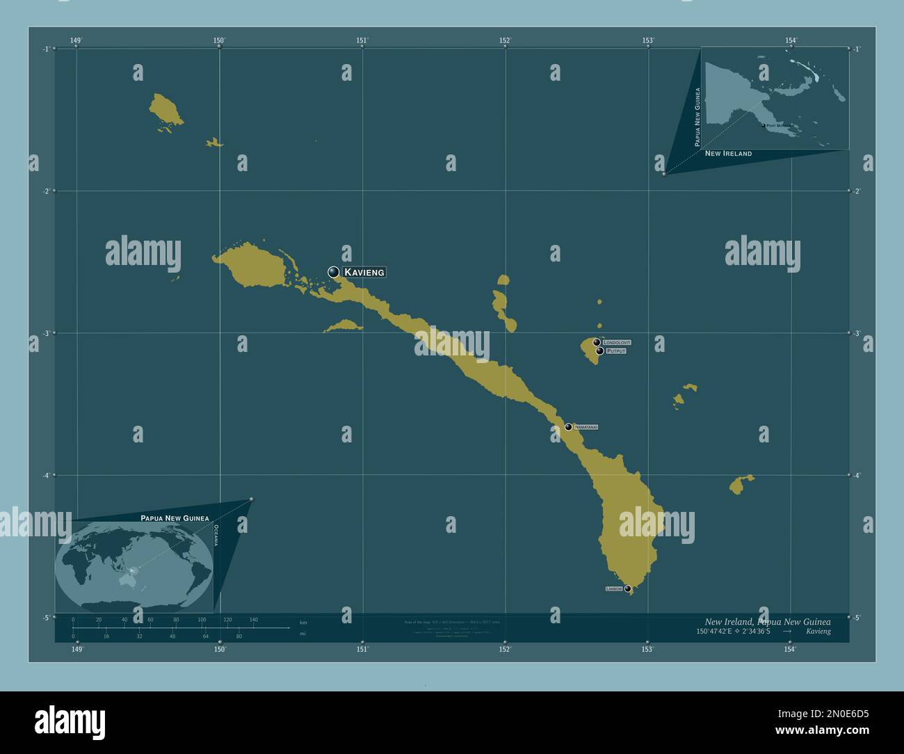 New Ireland, province of Papua New Guinea. Solid color shape. Locations ...