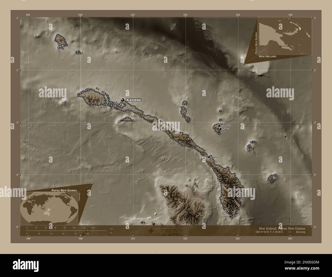 New Ireland, province of Papua New Guinea. Elevation map colored in ...