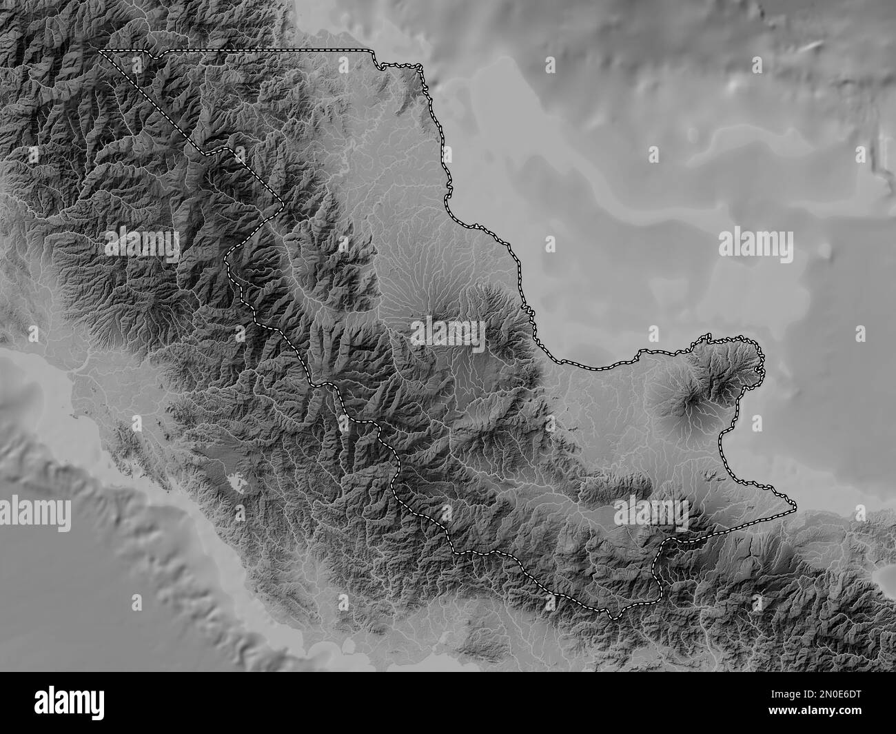 Oro, province of Papua New Guinea. Grayscale elevation map with lakes ...