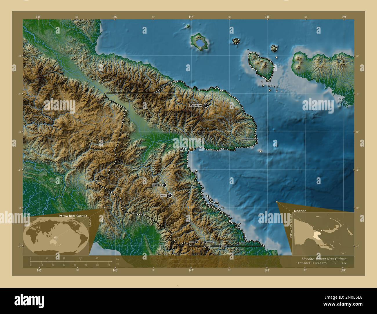 Morobe, province of Papua New Guinea. Colored elevation map with lakes ...