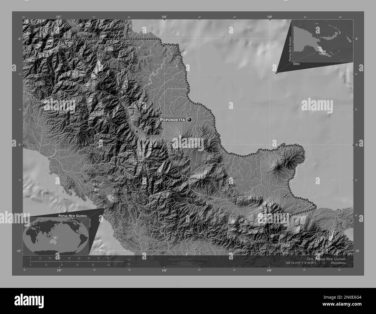 Oro, province of Papua New Guinea. Bilevel elevation map with lakes and ...