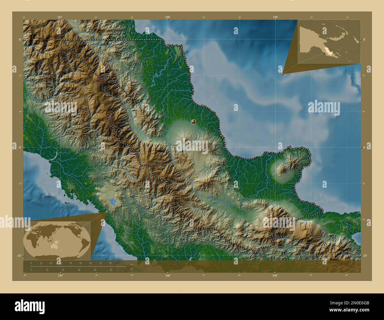 Oro, province of Papua New Guinea. Colored elevation map with lakes and ...