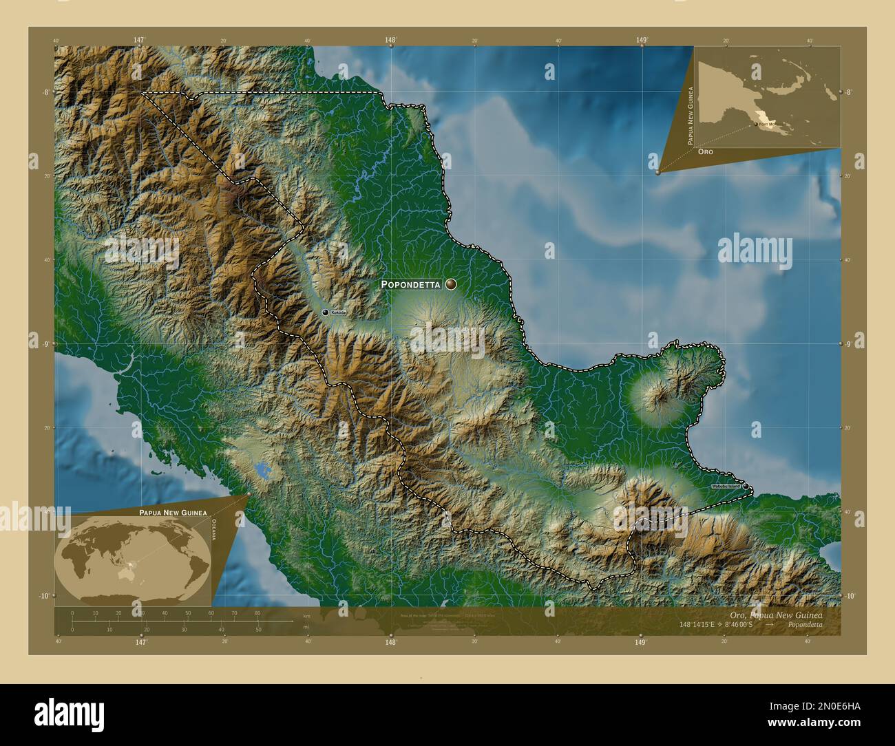 Oro, province of Papua New Guinea. Colored elevation map with lakes and ...