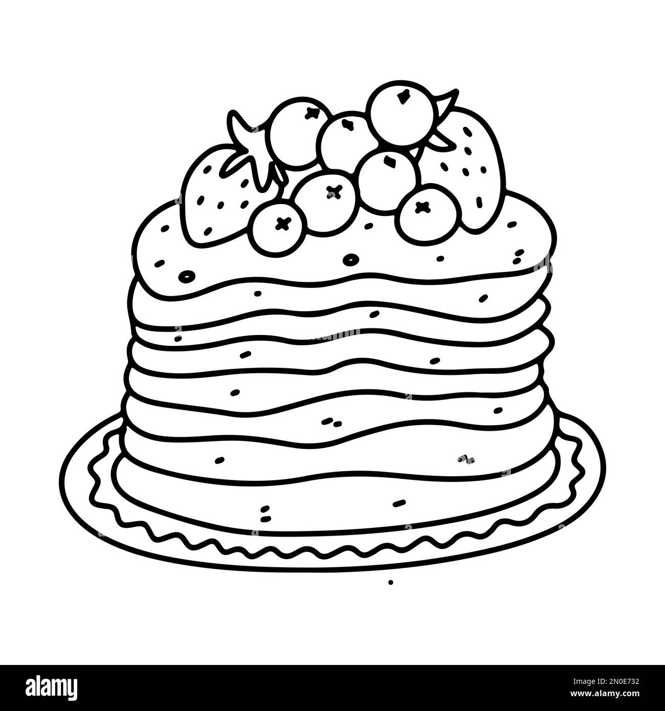 Cake with fruits on top in hand drawn doodle style. Isolated on white ...