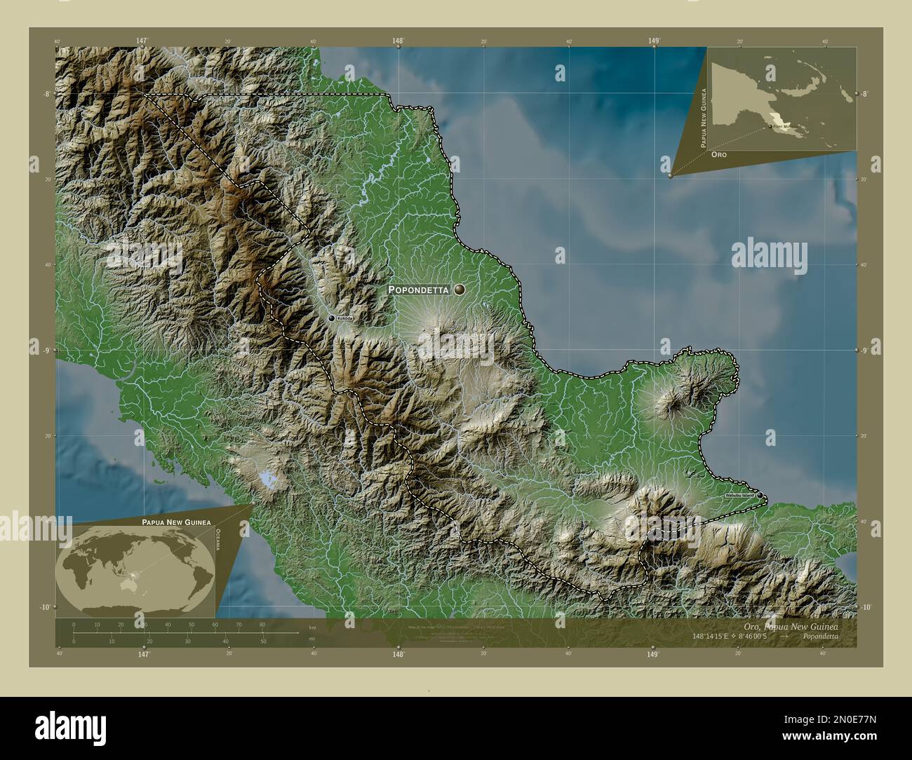 Oro, province of Papua New Guinea. Elevation map colored in wiki style ...