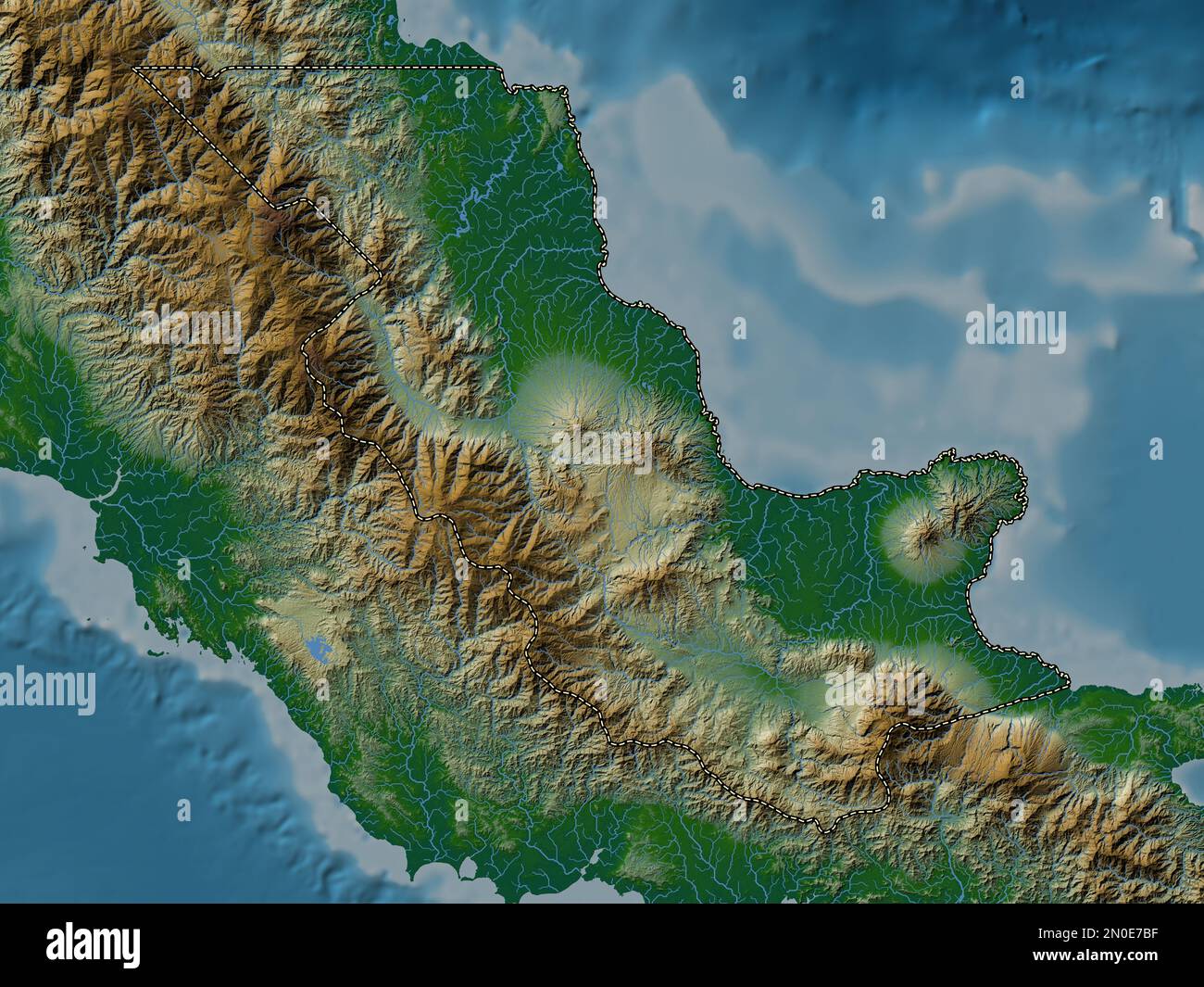 Oro, province of Papua New Guinea. Colored elevation map with lakes and ...