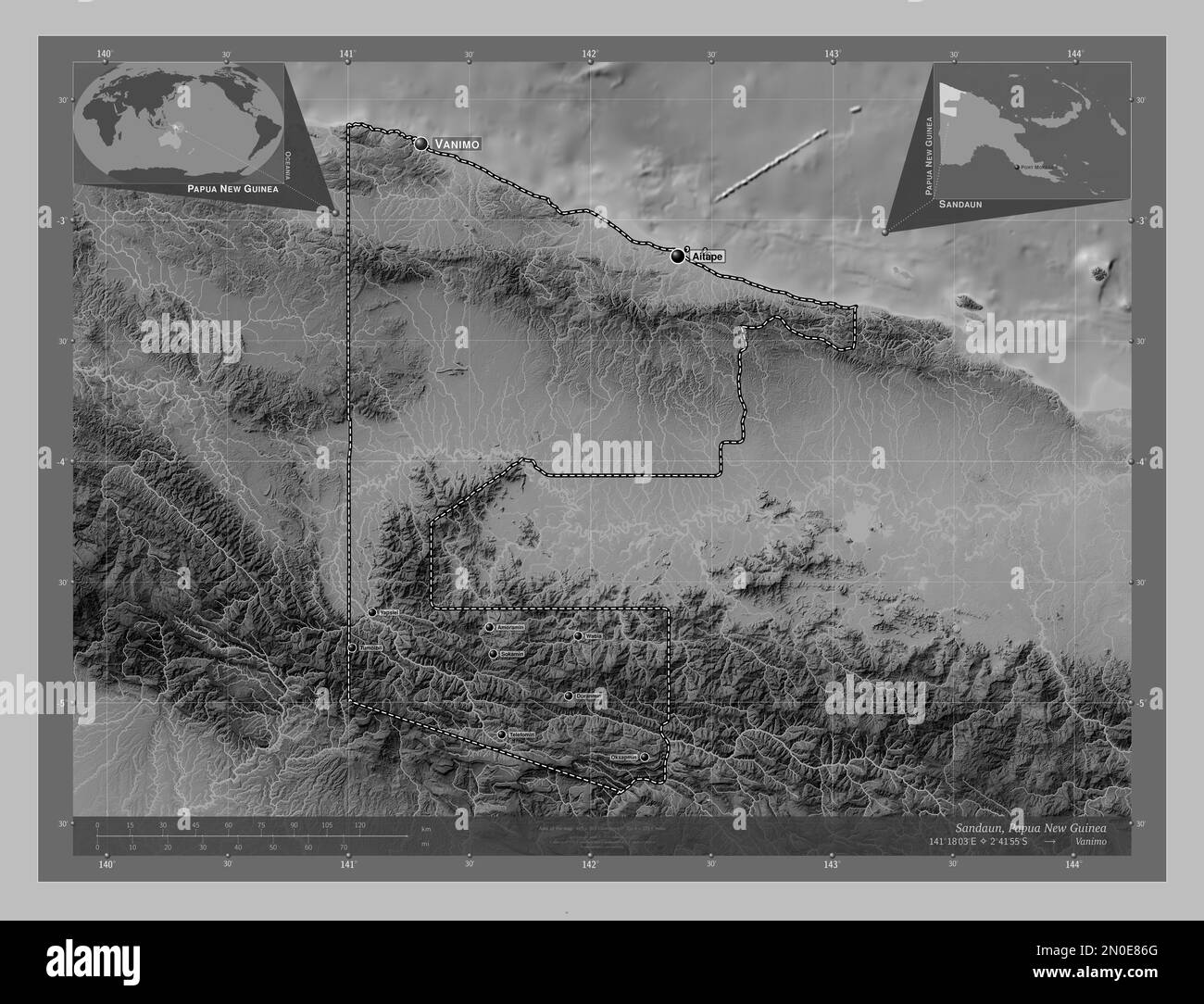 Sandaun, province of Papua New Guinea. Grayscale elevation map with ...