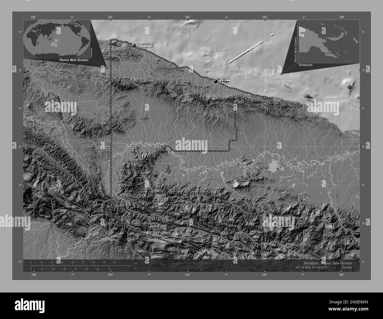 Sandaun, province of Papua New Guinea. Bilevel elevation map with lakes ...