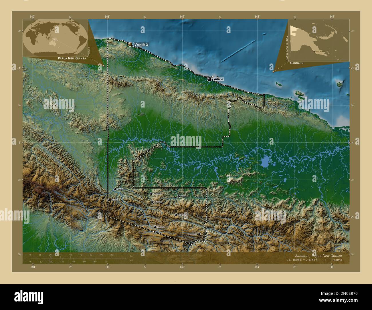 Sandaun, province of Papua New Guinea. Colored elevation map with lakes ...