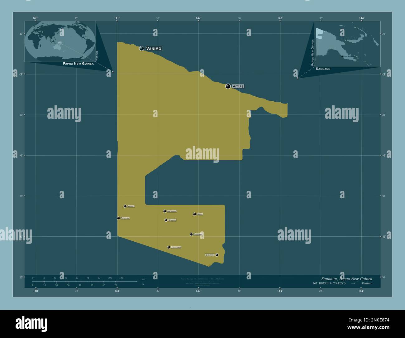 Sandaun, province of Papua New Guinea. Solid color shape. Locations and ...