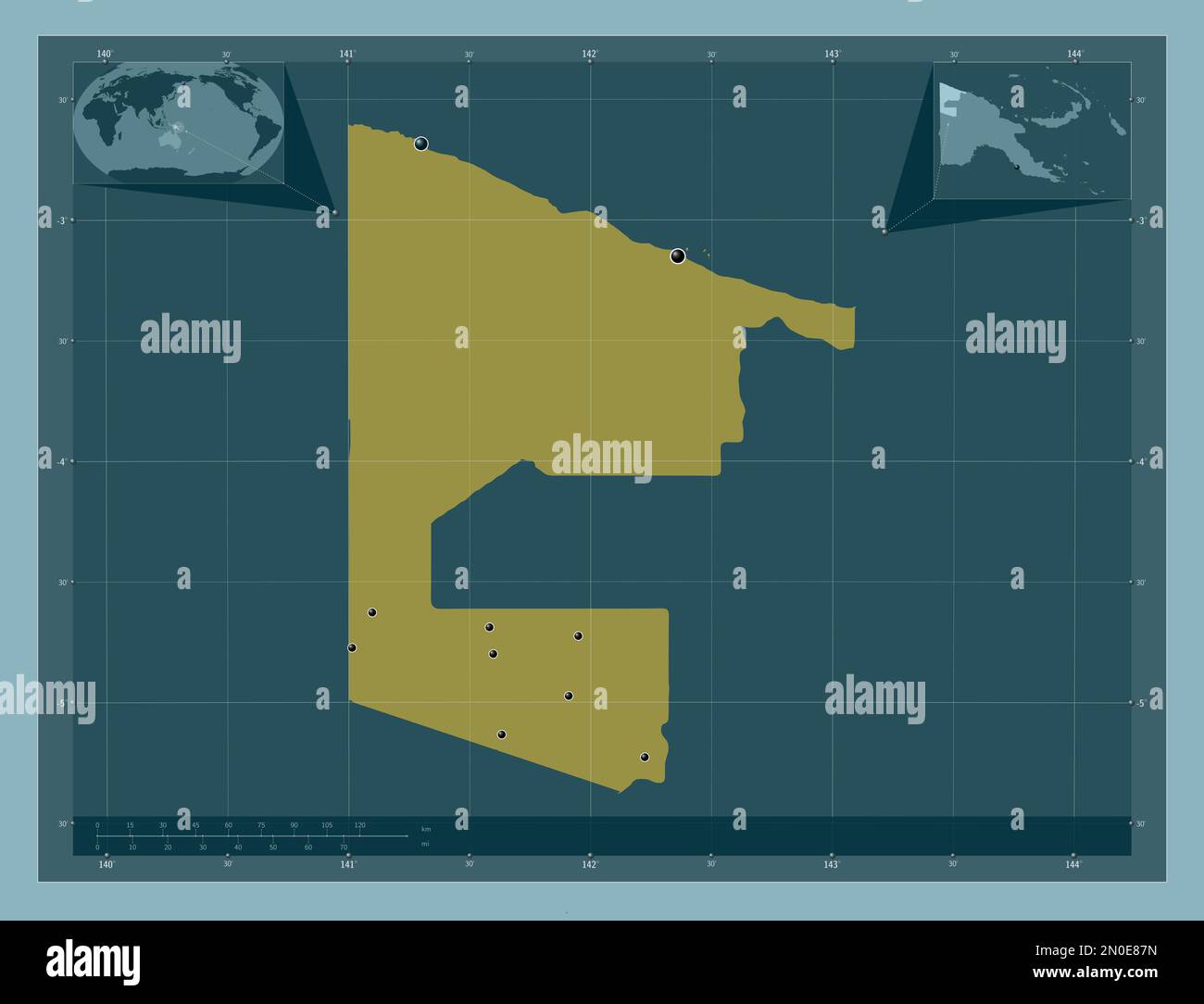Sandaun, province of Papua New Guinea. Solid color shape. Locations of ...