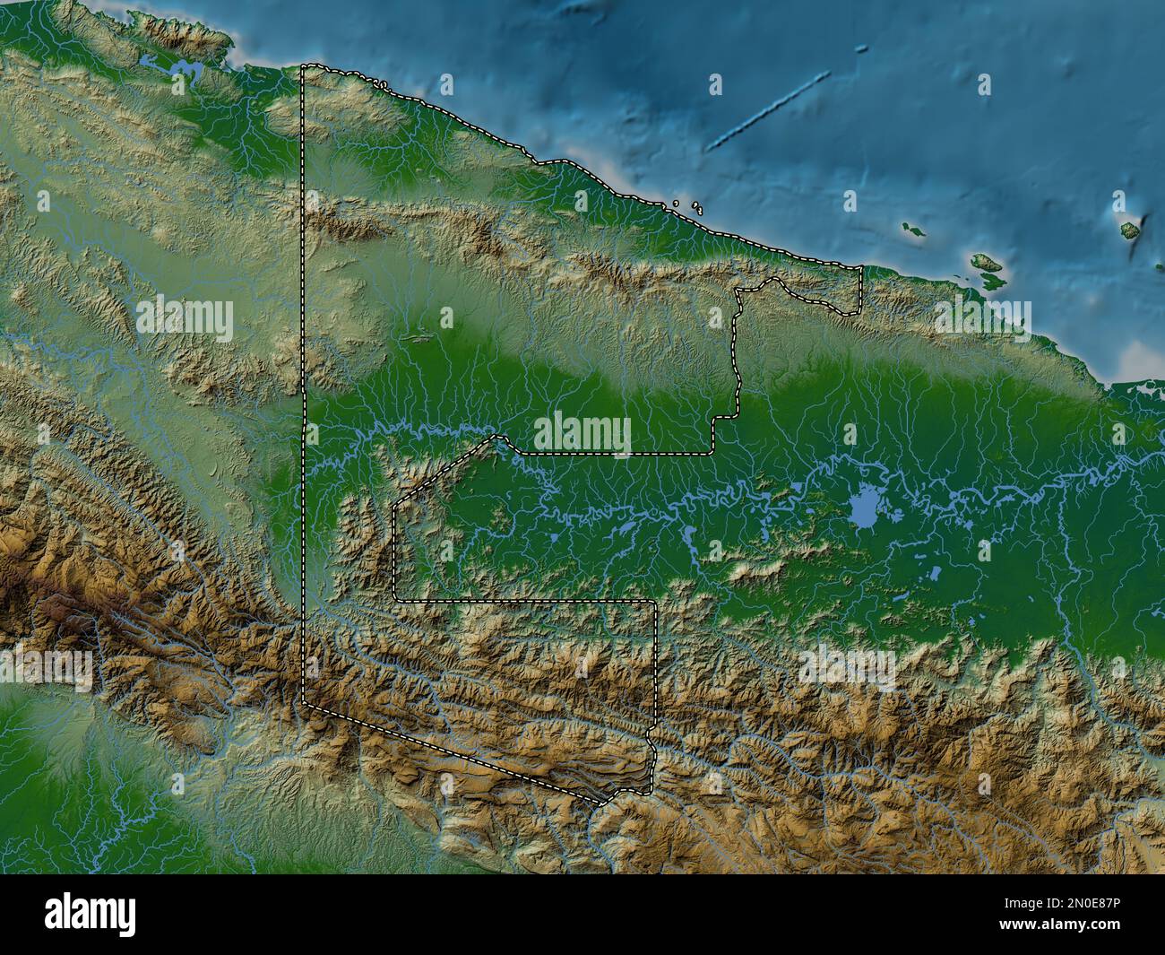 Sandaun, province of Papua New Guinea. Colored elevation map with lakes ...