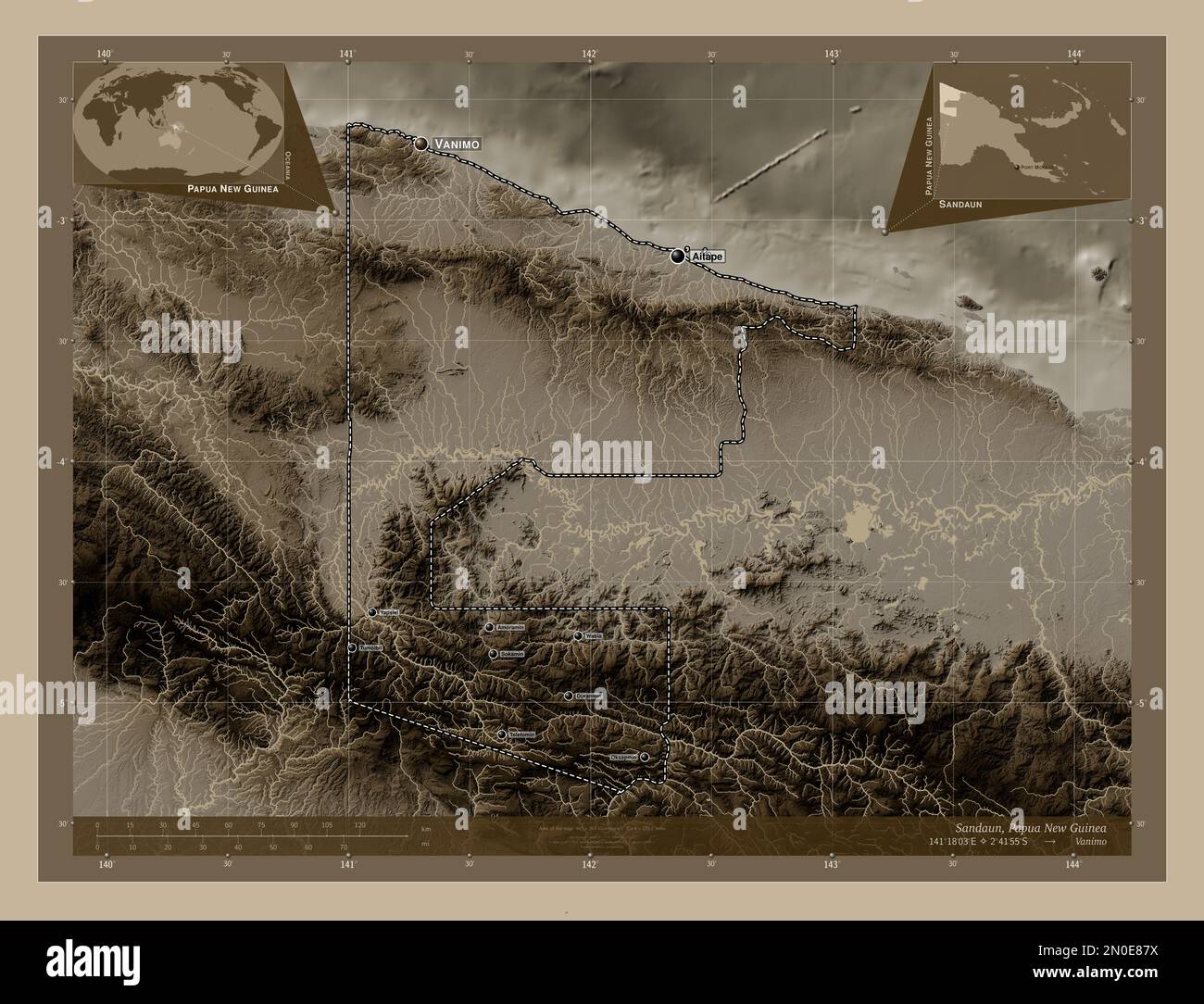 Sandaun, province of Papua New Guinea. Elevation map colored in sepia ...