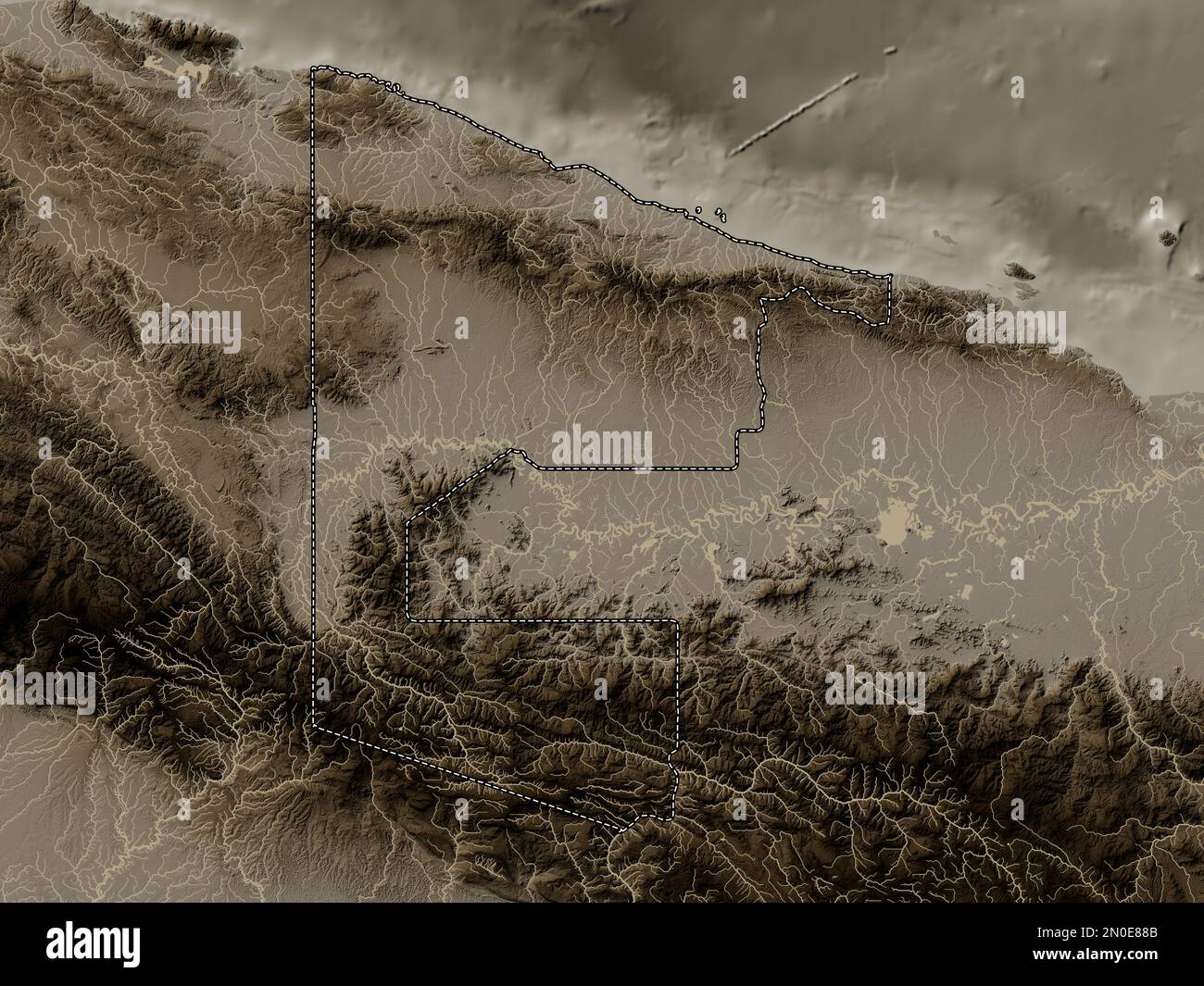 Sandaun, province of Papua New Guinea. Elevation map colored in sepia ...