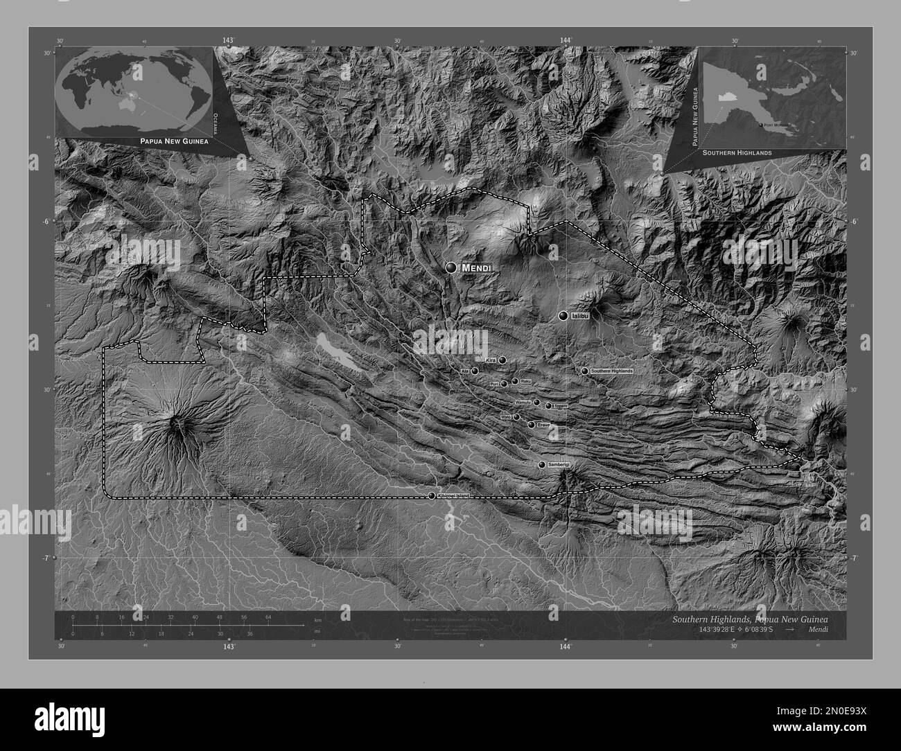 Southern Highlands, province of Papua New Guinea. Bilevel elevation map ...