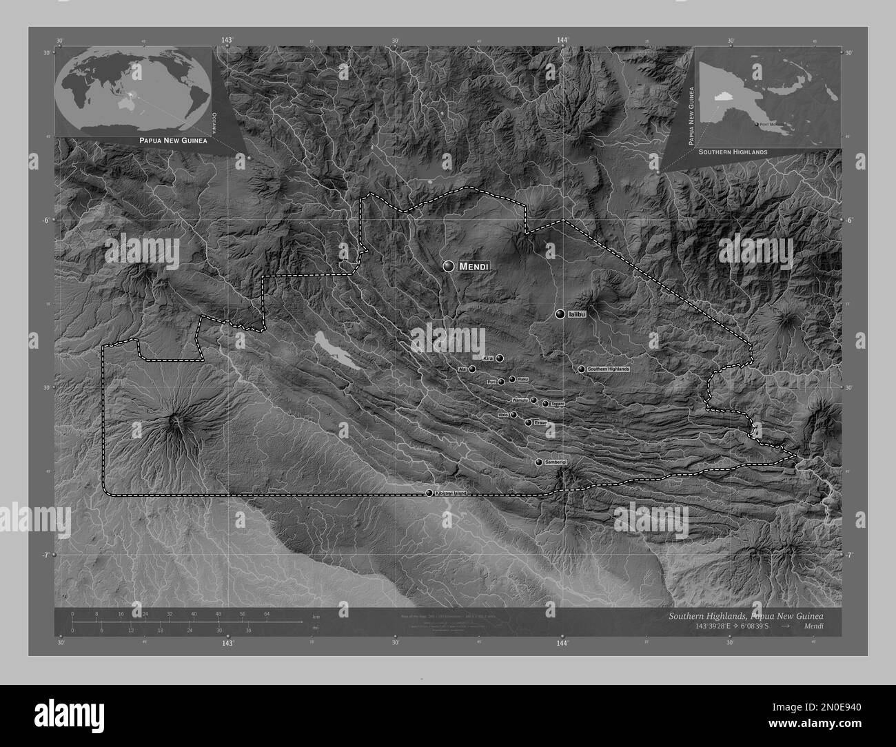 Southern Highlands, province of Papua New Guinea. Grayscale elevation ...