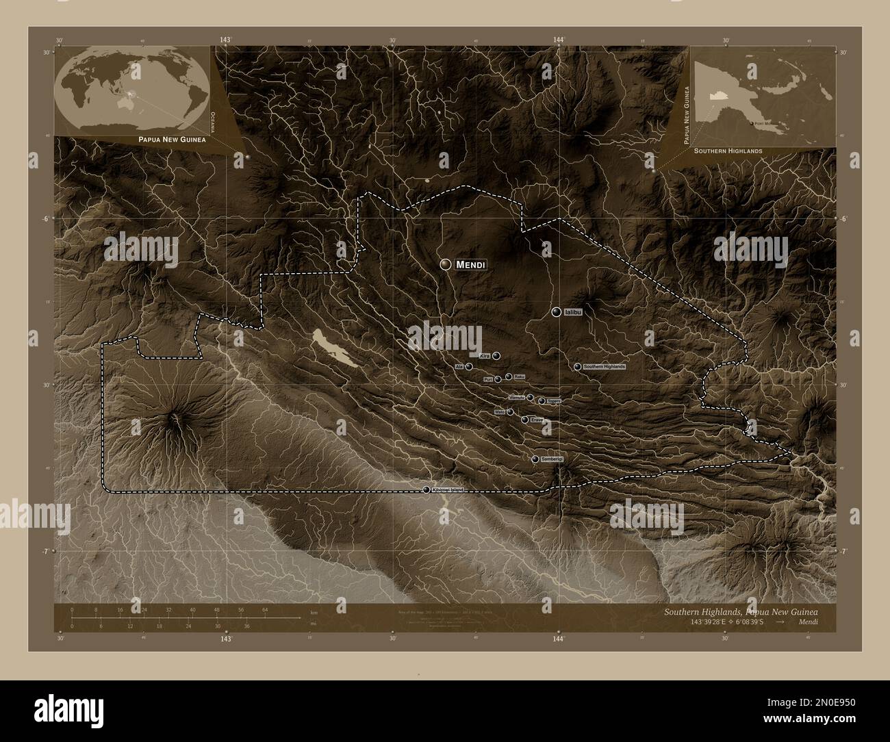 Southern Highlands, province of Papua New Guinea. Elevation map colored ...