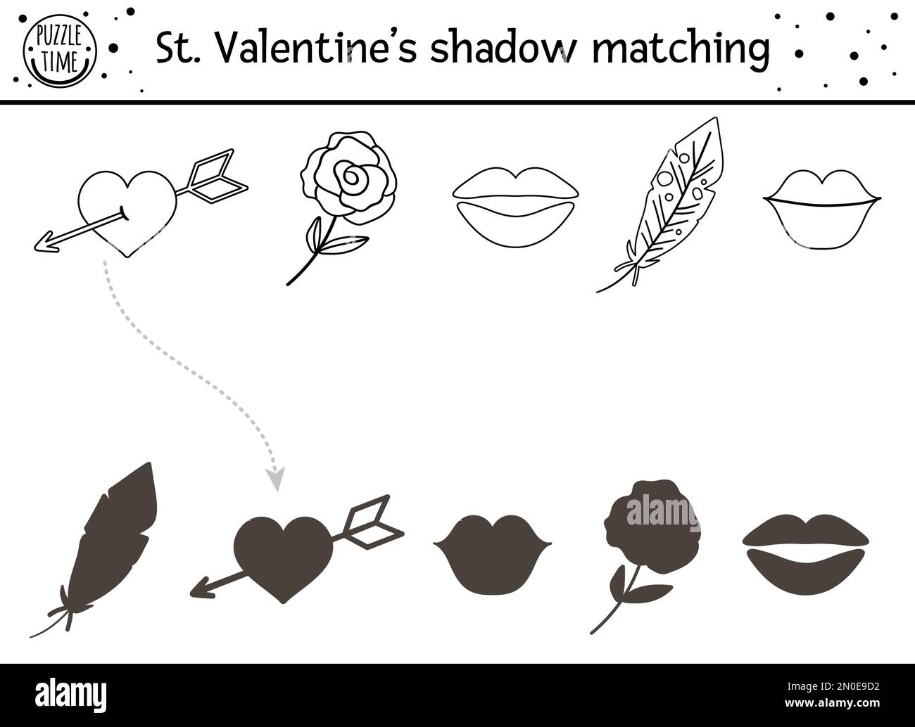 Saint valentine day black and white shadow matching activity for ...