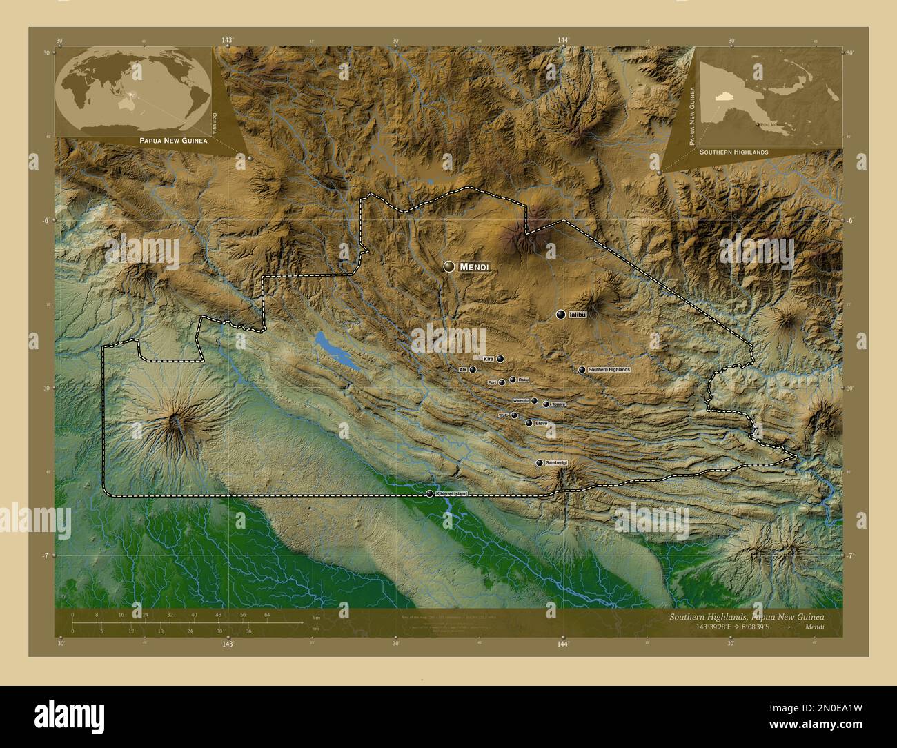 Southern Highlands, province of Papua New Guinea. Colored elevation map ...