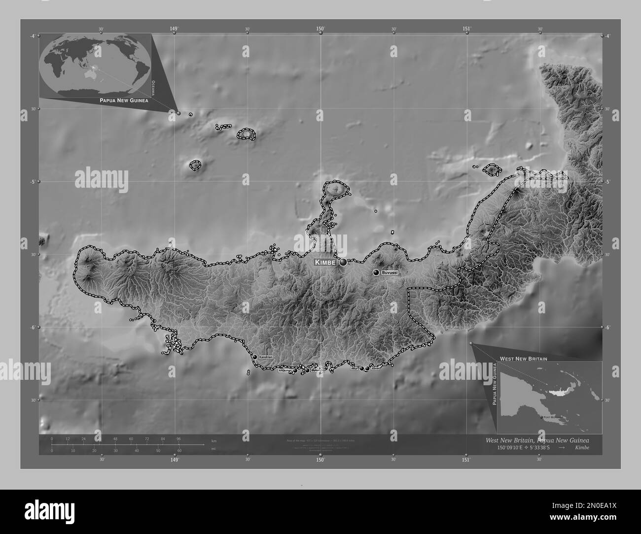 West New Britain, province of Papua New Guinea. Grayscale elevation map ...