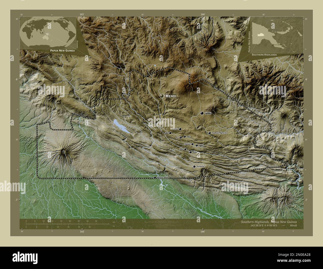 Southern Highlands, province of Papua New Guinea. Elevation map colored ...