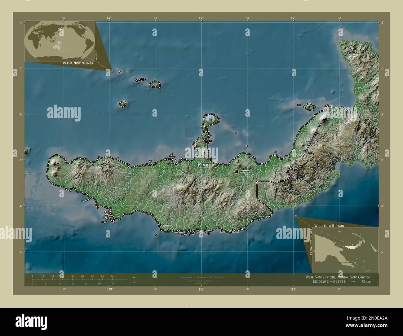 West New Britain, province of Papua New Guinea. Elevation map colored ...