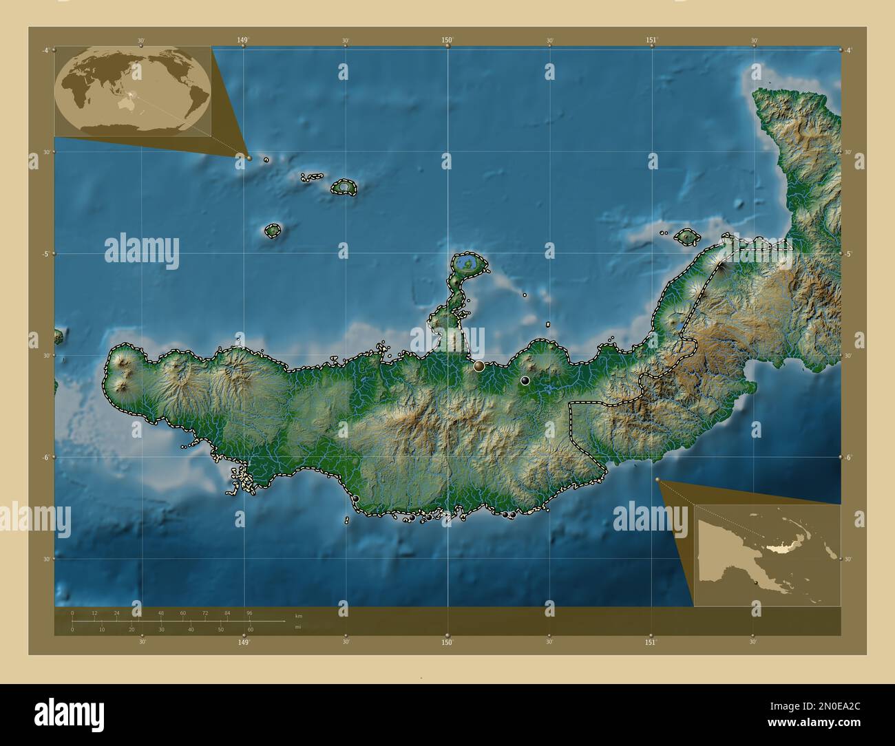 West New Britain, province of Papua New Guinea. Colored elevation map ...