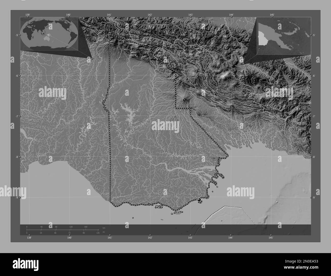 Western Province, province of Papua New Guinea. Bilevel elevation map ...
