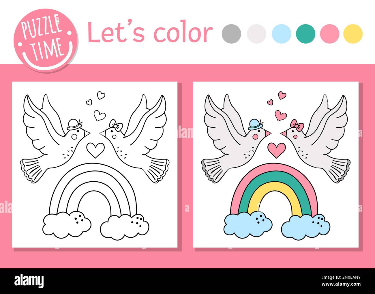 Saint Valentine Day coloring page for children. Funny scene with doves ...