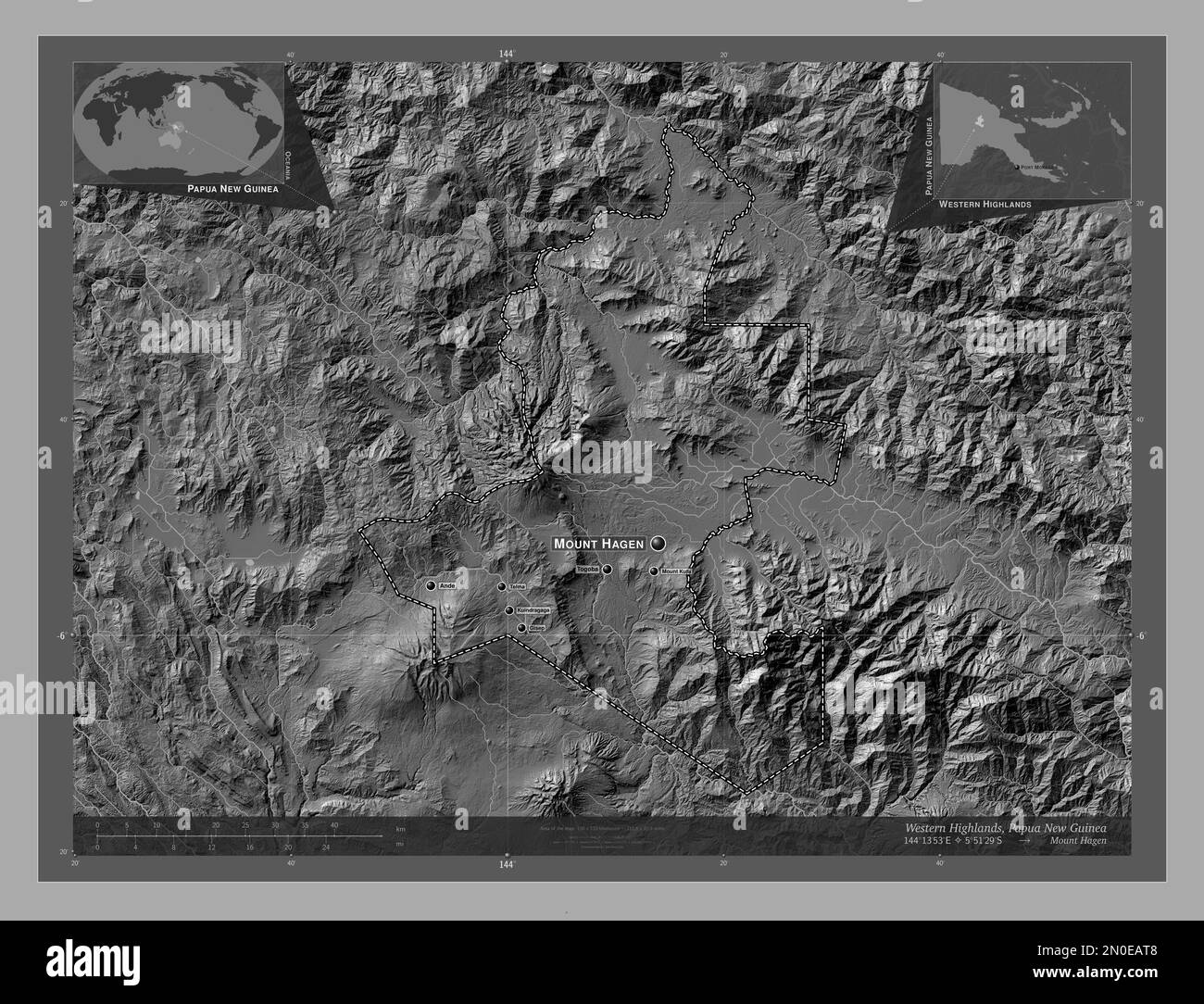 Western Highlands, province of Papua New Guinea. Bilevel elevation map ...