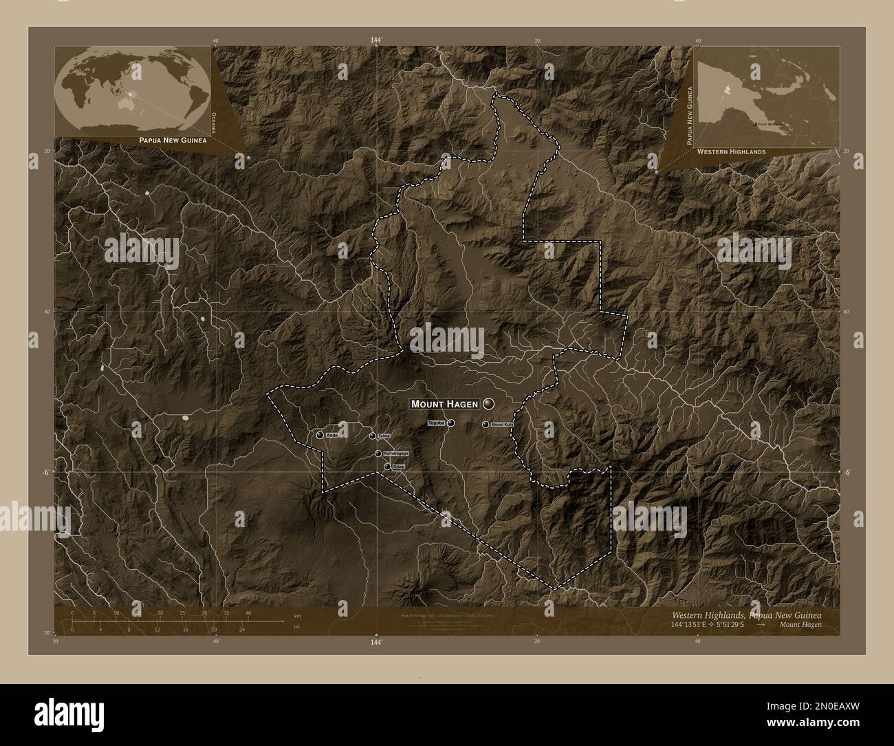 Western Highlands, province of Papua New Guinea. Elevation map colored ...
