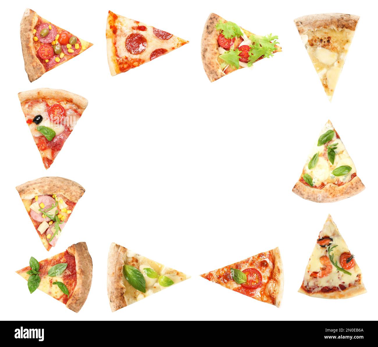 Frame of pizza pieces on white background Stock Photo - Alamy
