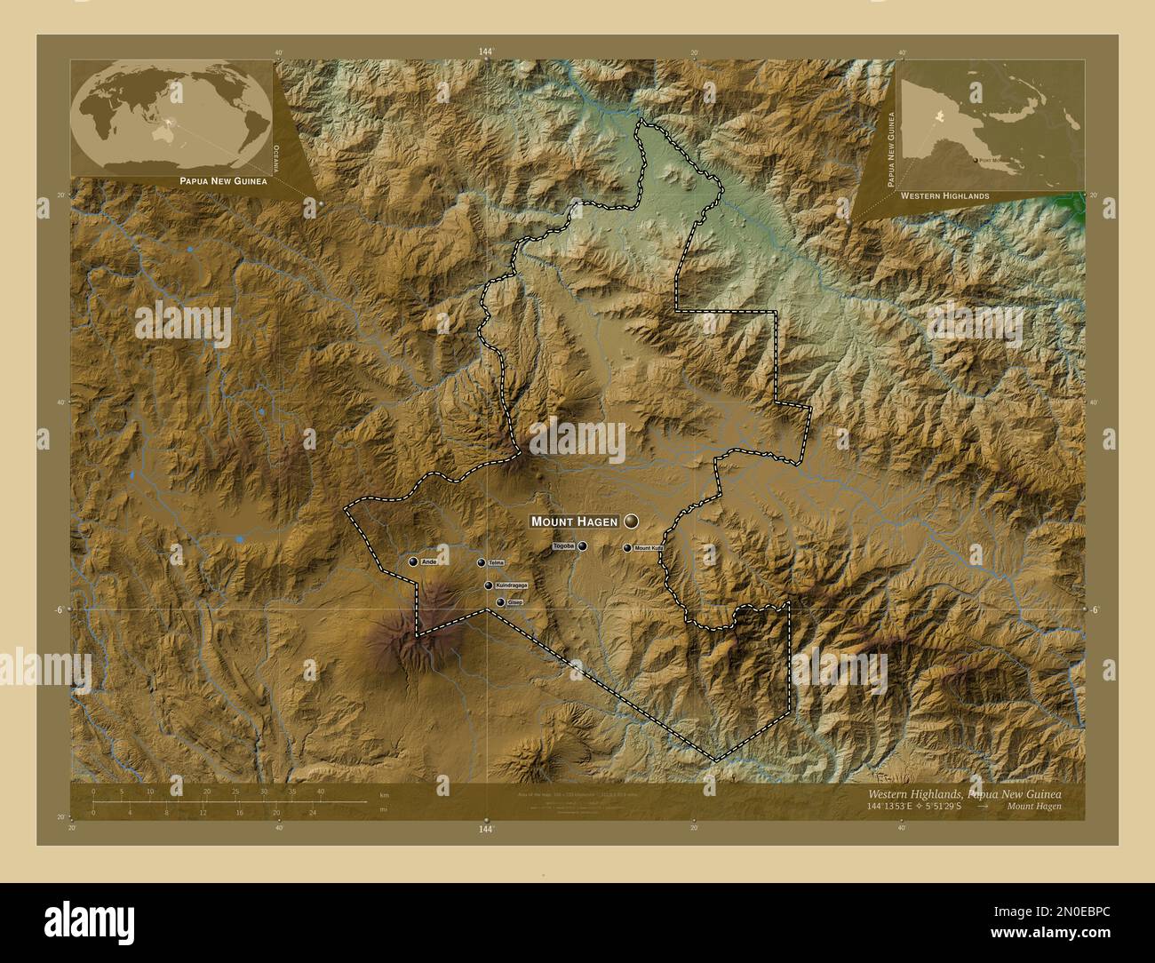Western Highlands, province of Papua New Guinea. Colored elevation map ...