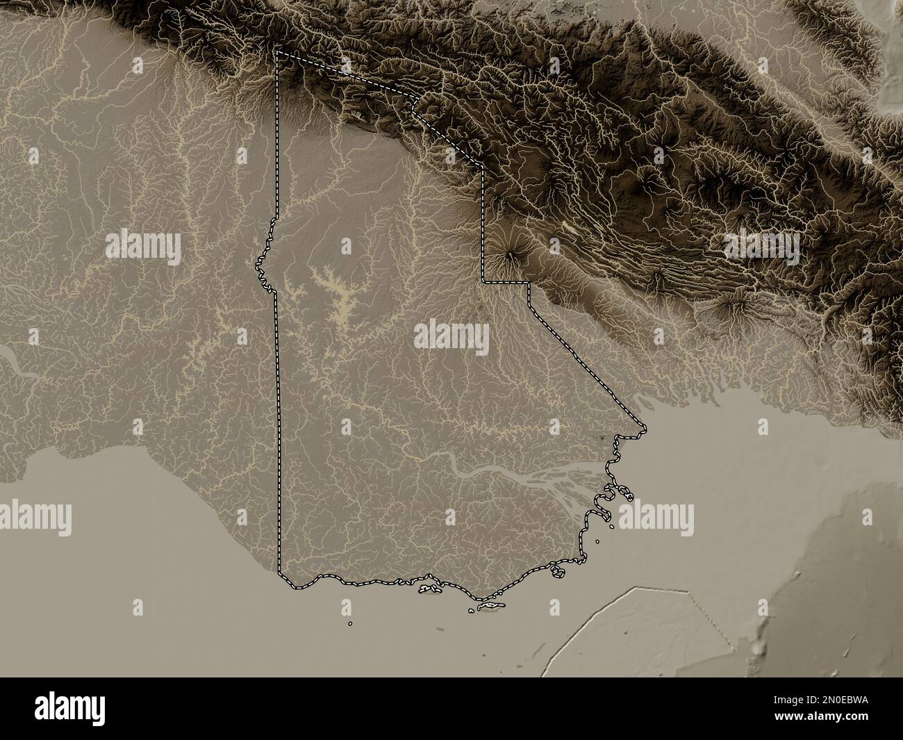 Western Province, province of Papua New Guinea. Elevation map colored ...