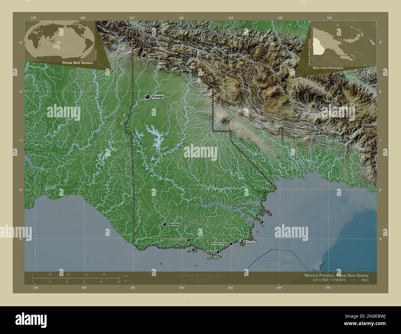Western Province, province of Papua New Guinea. Elevation map colored ...