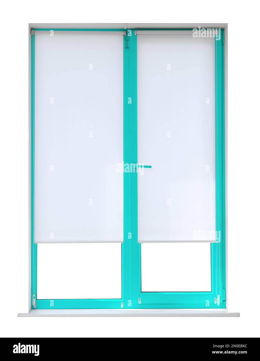 Modern plastic window with turquoise frame on white background Stock ...