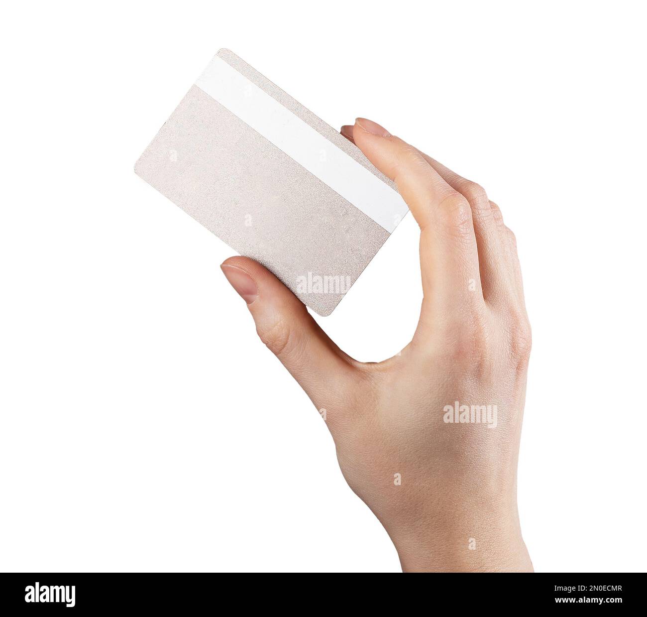Reverse side of bank card in hand. holding credit bankcard, back view ...