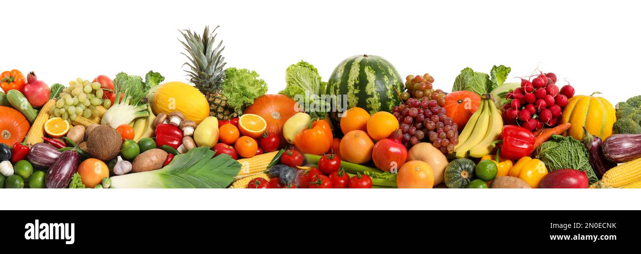 Collection of fresh organic vegetables and fruits on white background ...