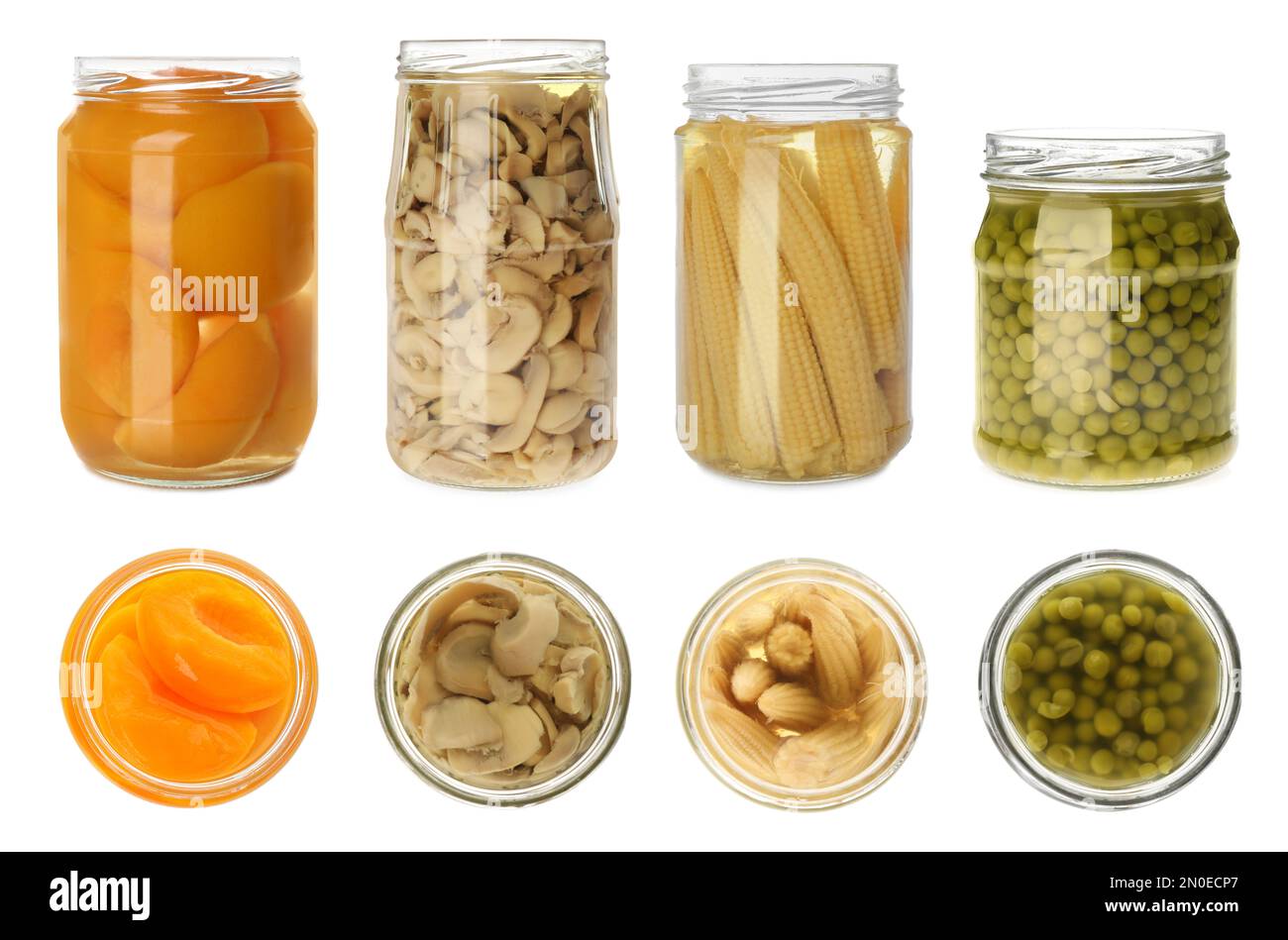 Set of jars with pickled foods on white background, top and side views ...