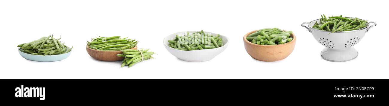 Set of fresh green beans on white background. Banner design Stock Photo ...