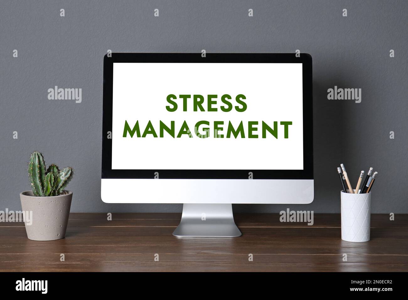 Computer monitor with text Stress Management at workplace Stock Photo ...