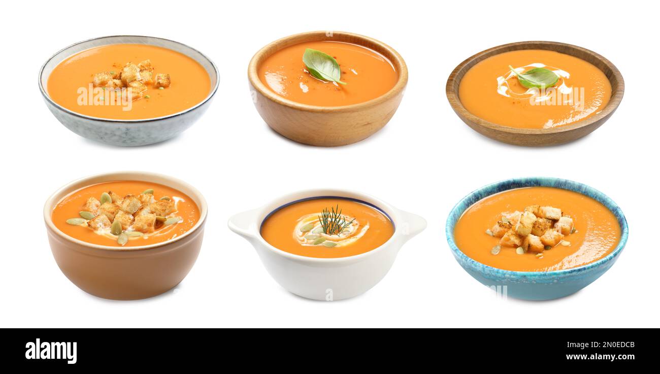 Set of fresh pumpkin soups on white background, banner design Stock ...