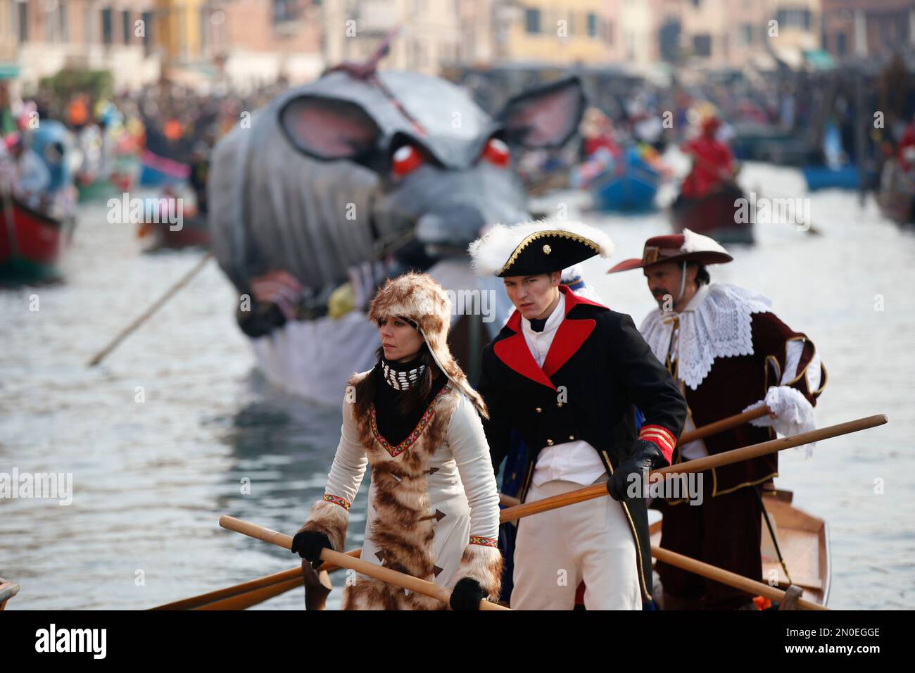 Boats sail during the water parade, part of the Venice Carnival, in ...