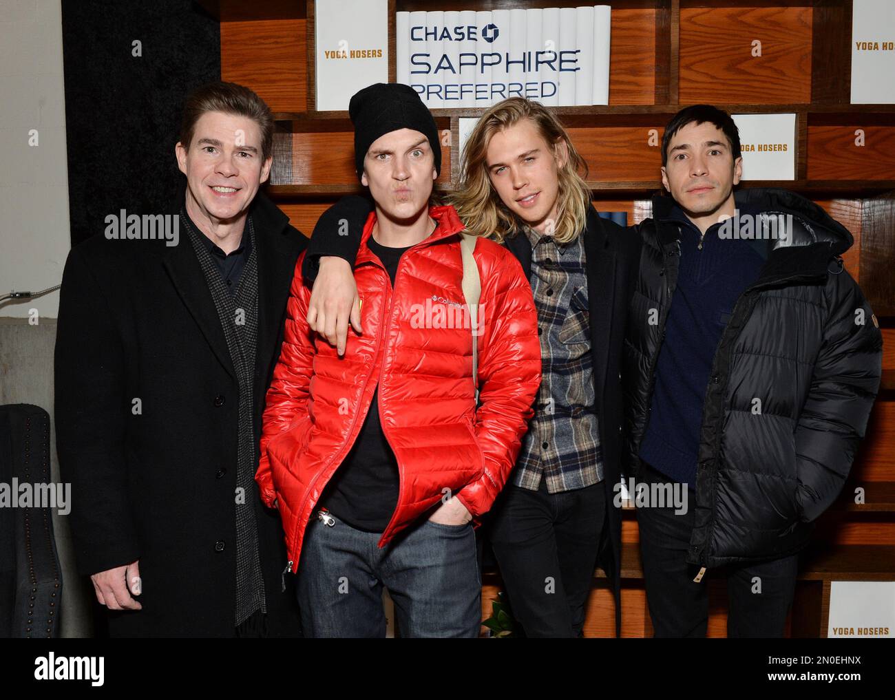 Actors Ralph Garman, left, Jason Mewes, Austin Butler and Justin Long ...