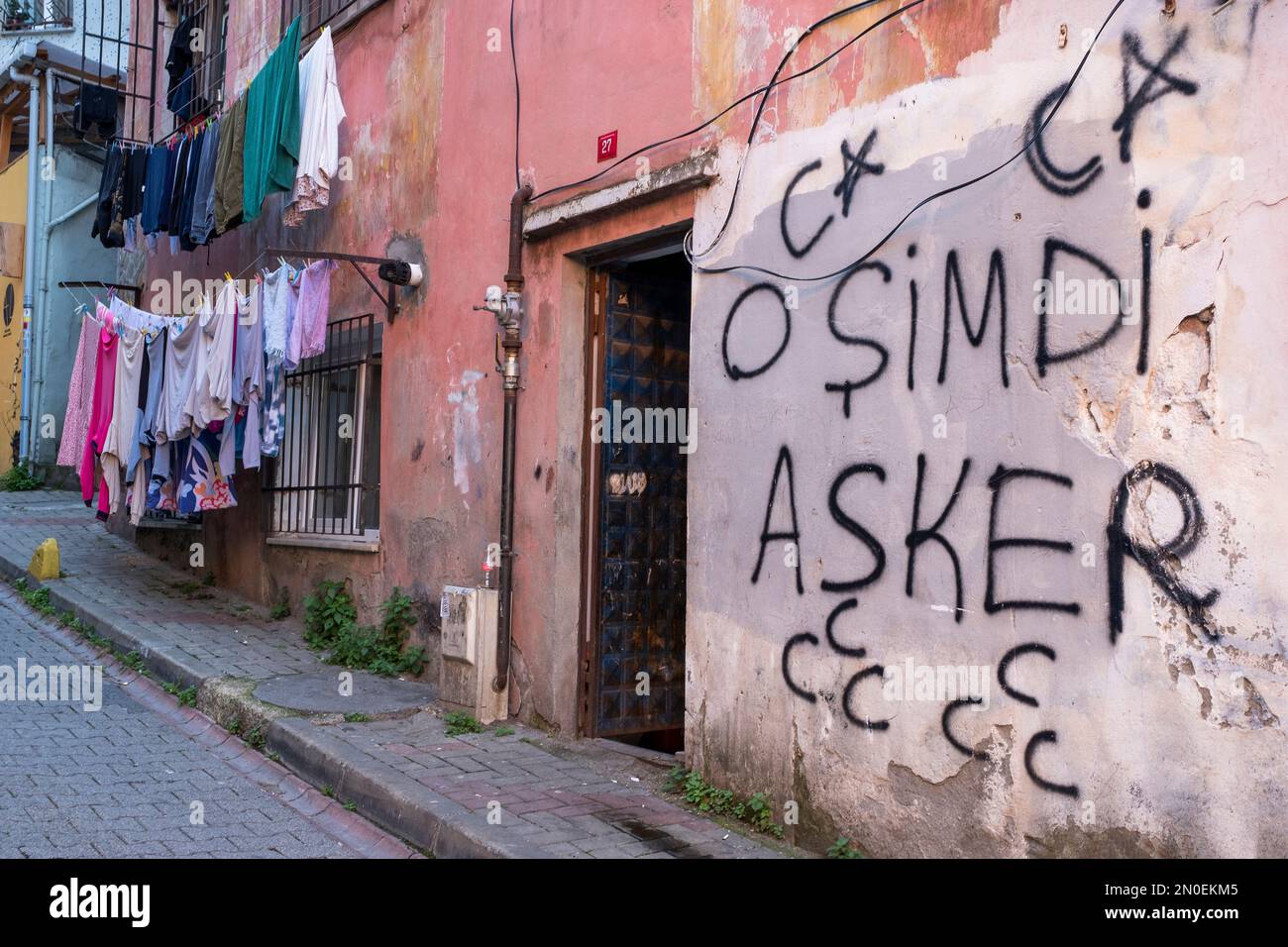 ISTANBUL, TURKEY-30 March 2022 ; Clothes are suspended on a line to dry ...