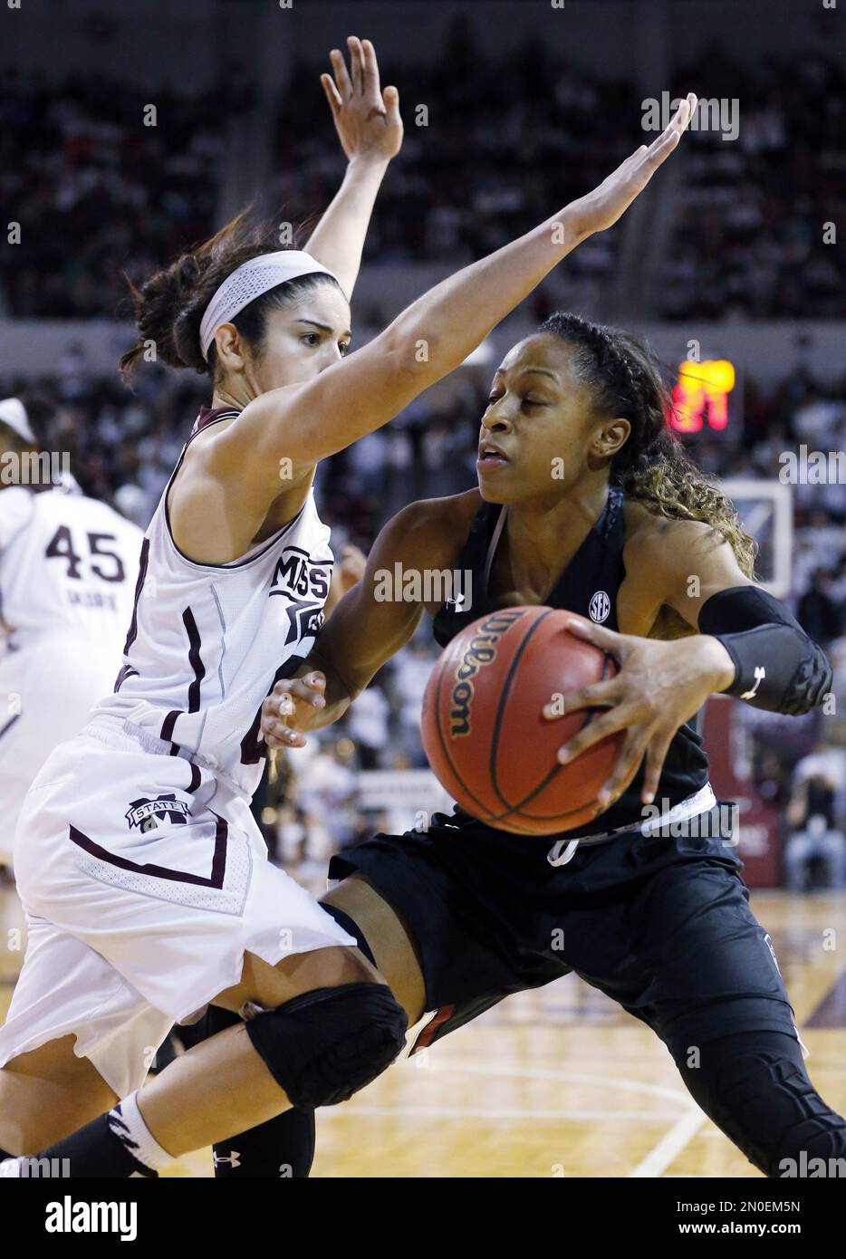 South Carolina guard Tiffany Mitchell, right, fights to control the ...