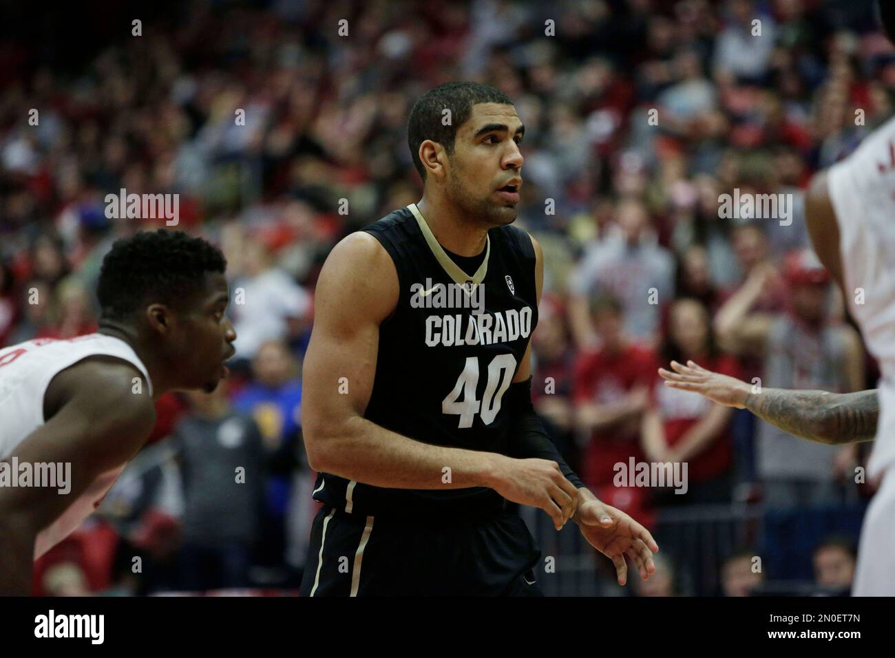 Colorado's Josh Scott (40) stands during a break in play in the second ...