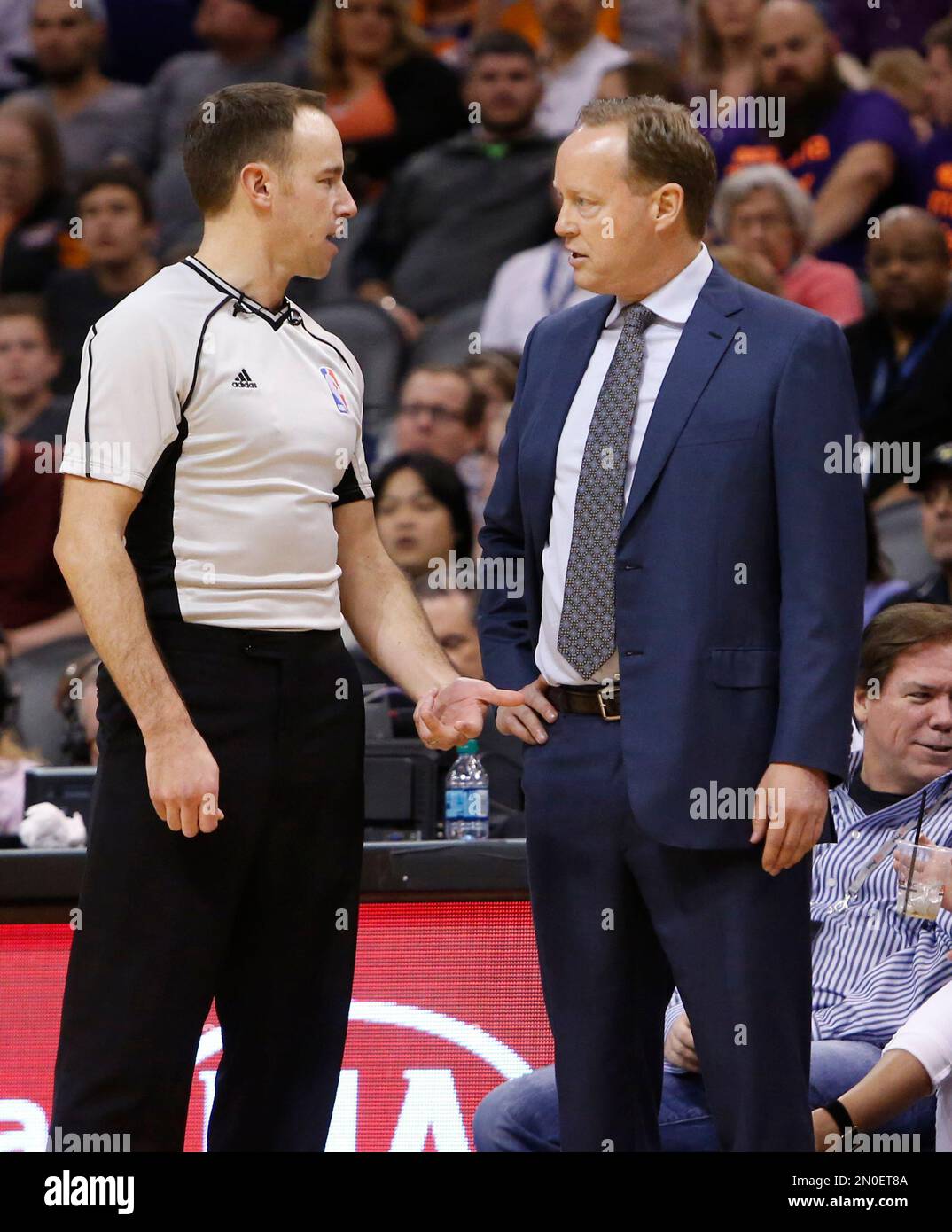 Atlanta Hawks head coach Mike Budenholzer talks to NBA official Brett ...