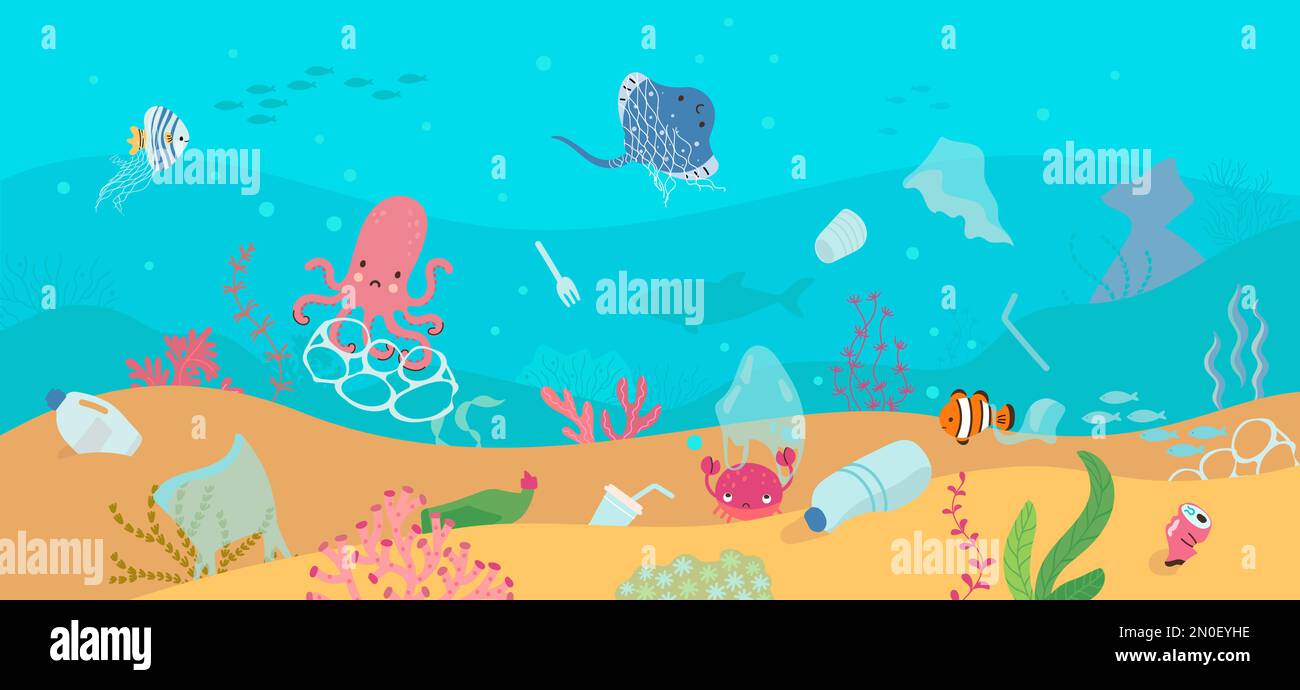 Garbage in ocean. Dirty sea, plastic trash and underwater animals ...