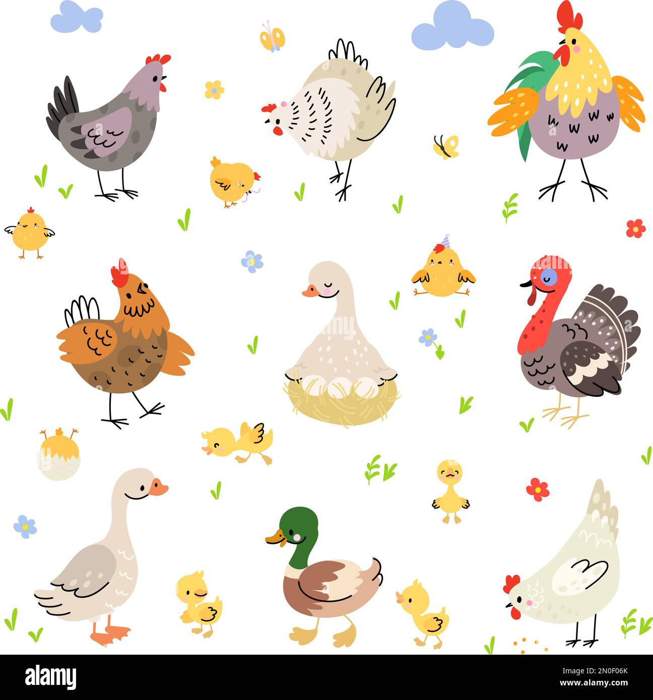 Farm birds cartoon set. Duck on nest, turkey and hen with yellow ...